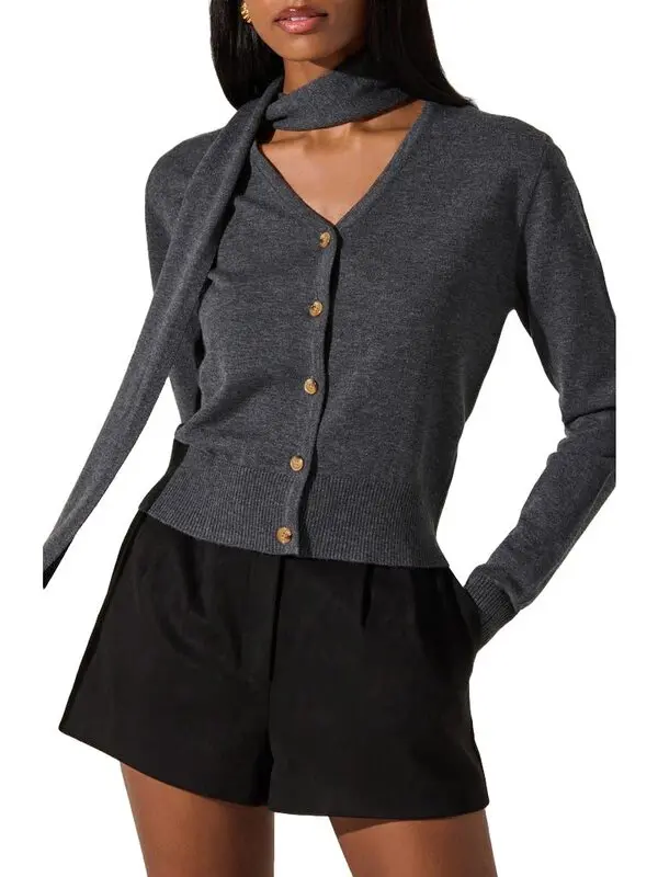 Astr The Label Glynne Scarf V-neck Cardigan - Charcoal