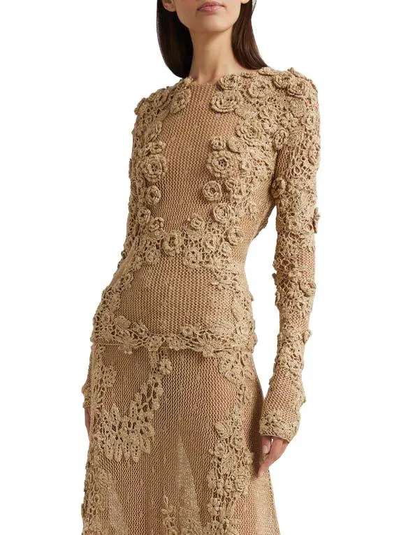 Ulla Johnson Metallic Crochet Appliqué Open Stitch Sweater - Lurex Combo