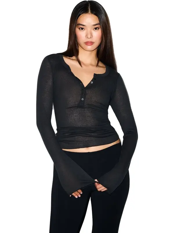 SKIMS Sheer Rib Long Sleeve Henley - Soot