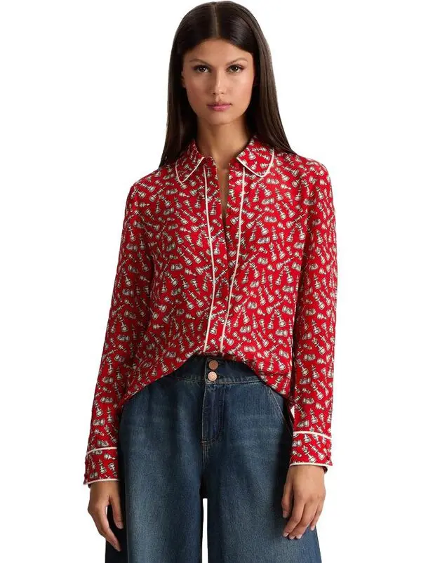 Alice + Olivia Willa Silk Blouse With Piping - Denim
