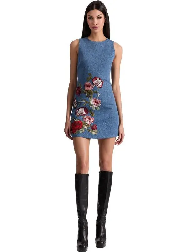 Alice + Olivia Embroidered Denim Mini Dress - Blue