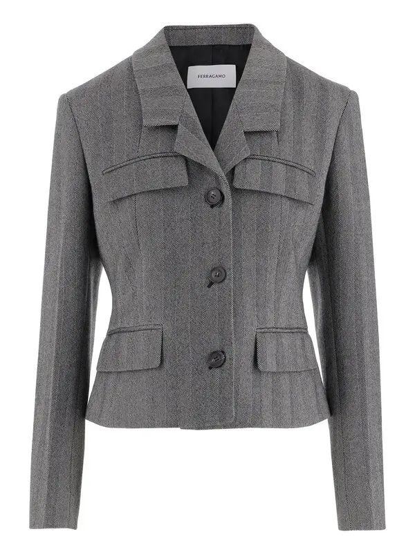 FERRAGAMO Single-breasted Chevron Wool Blazer - Grey
