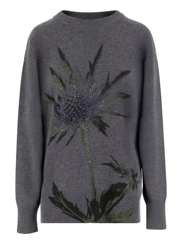 Blumarine Wool Blend Sweater With Rhinestone Detailing - Grey