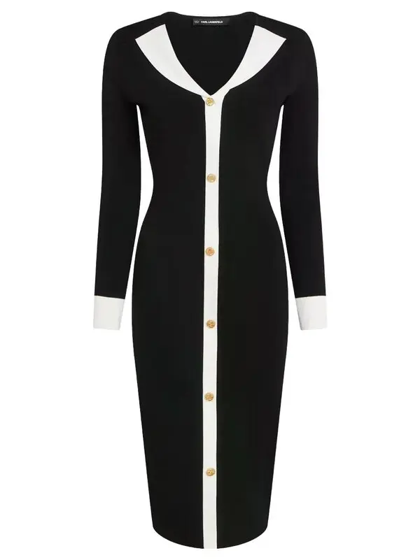 Karl Lagerfeld Contrast-collar Buttoned Knit Dress - Black