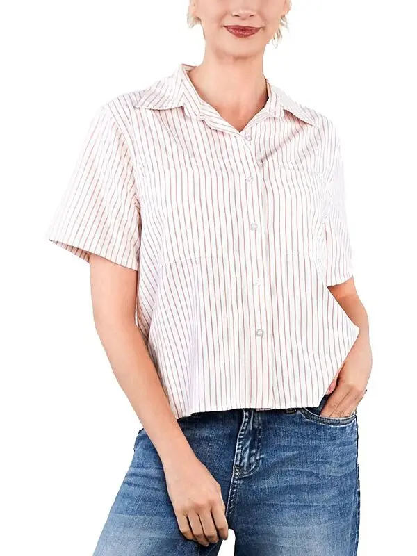 BILLY T Pleated Cropped Shirt - Berry Pinstripes