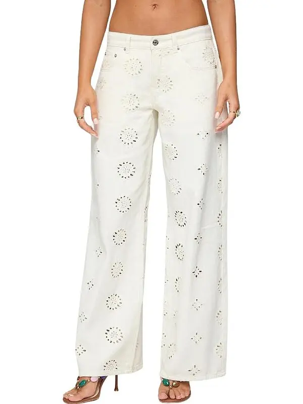 EDIKTED Eyelet Low Rise Wide Leg Jeans - White