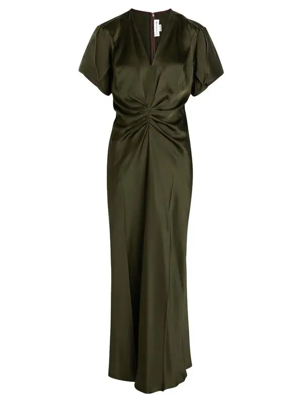 Victoria Beckham Bella Gathered Satin Midi Dress - Olive