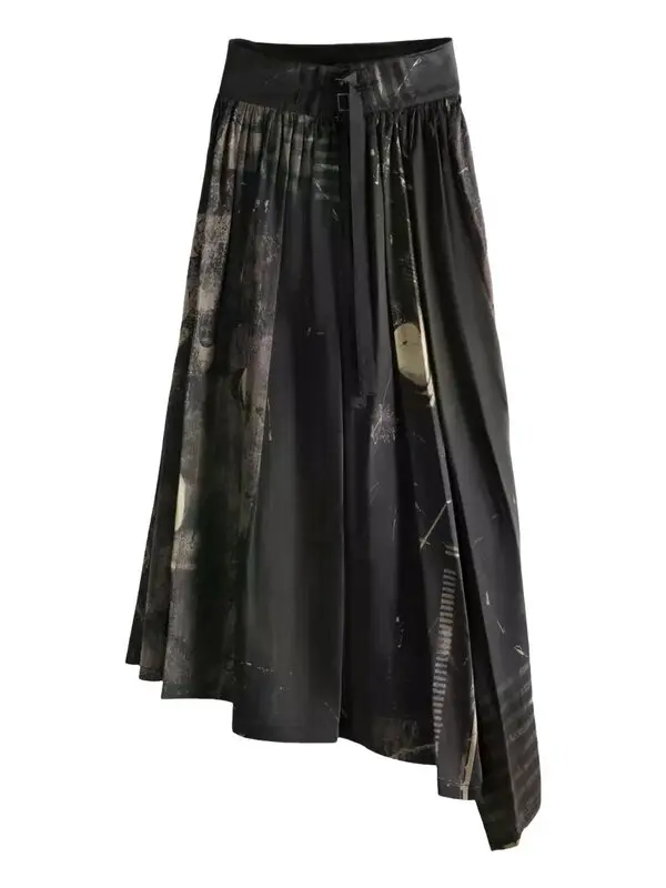Y’s Pleated Print Midi Skirt - Black