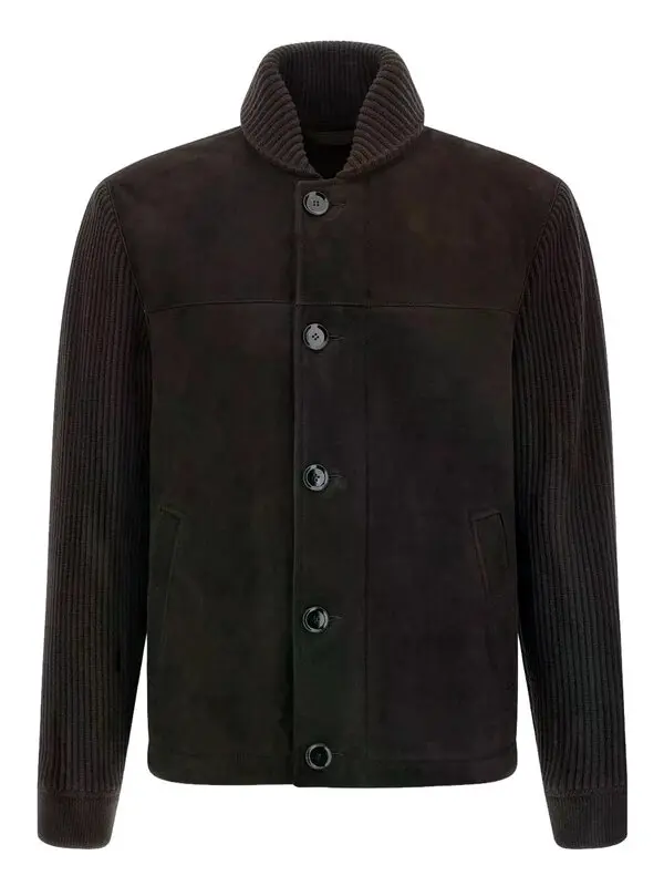 Brioni Ribbed-sleeve Suede Bomber Jacket - Brown