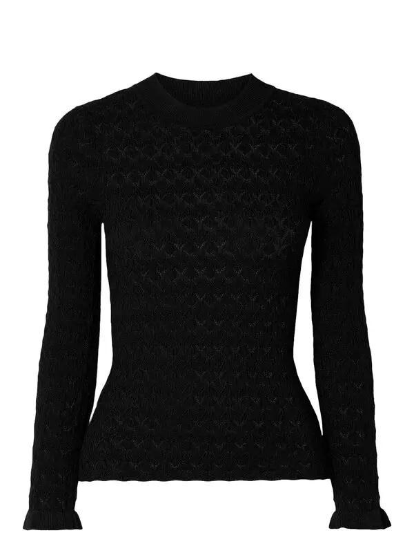 Sea Ruby Ruffled Metallic Pointelle-knit Top - Black