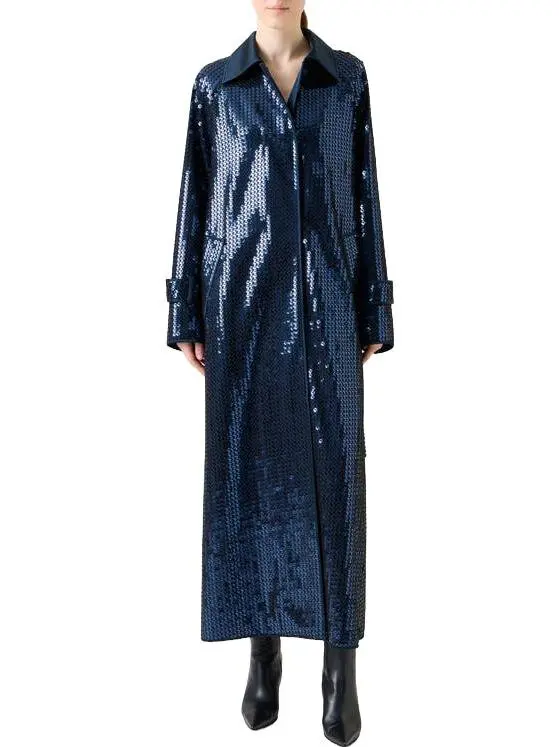 Akris Estelle Sequin Long Coat - Navy