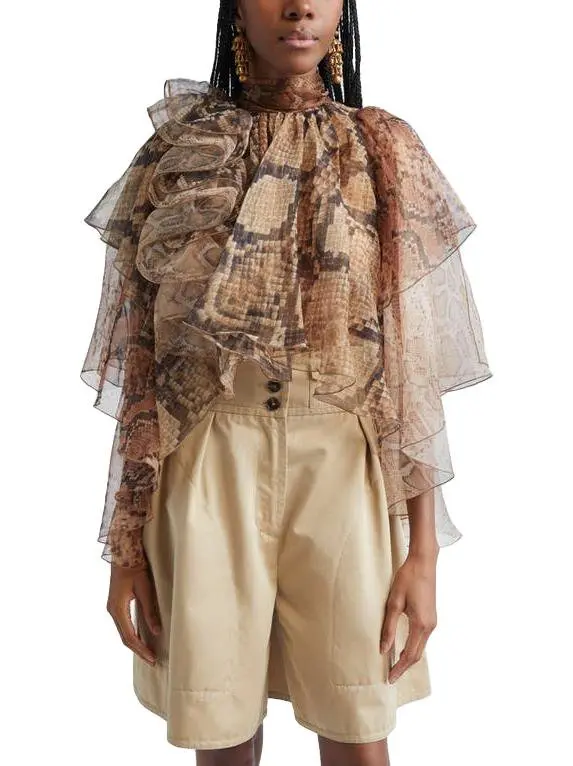 Zimmermann Memento Snakeskin Print Layered Chiffon Top - Spliced Snake