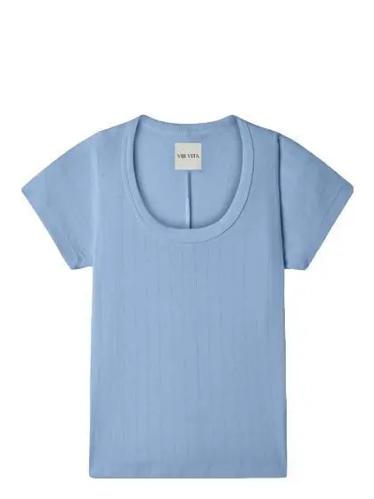 VIR VITA Pointelle Scoop Tee - Vintage Blue