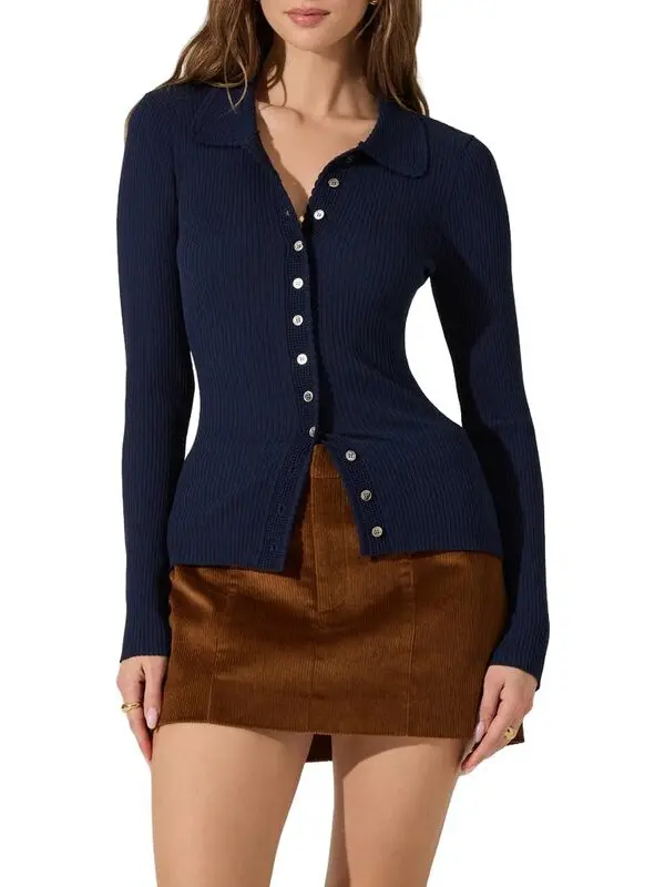 Astr The Label Keren Rib Polo Cardigan - Navy