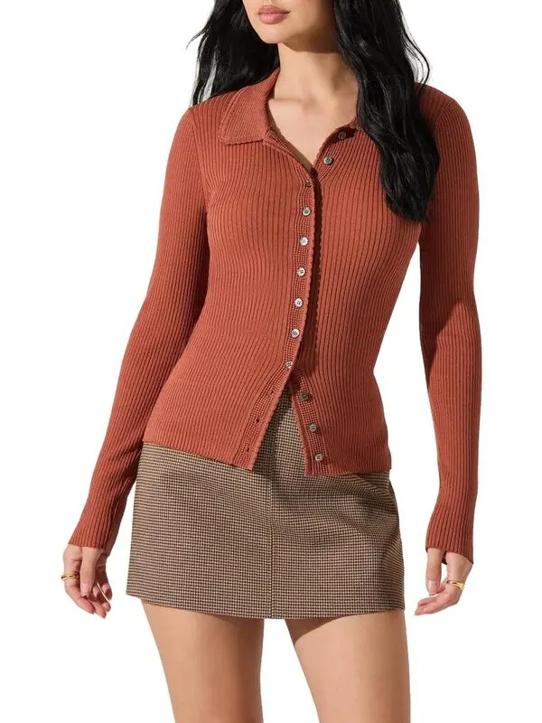 Astr The Label Keren Rib Polo Cardigan - Rust