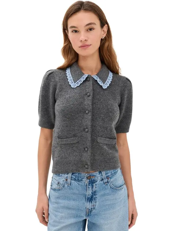 English Factory Lace Trimmed Knit Cardigan - Heather Grey