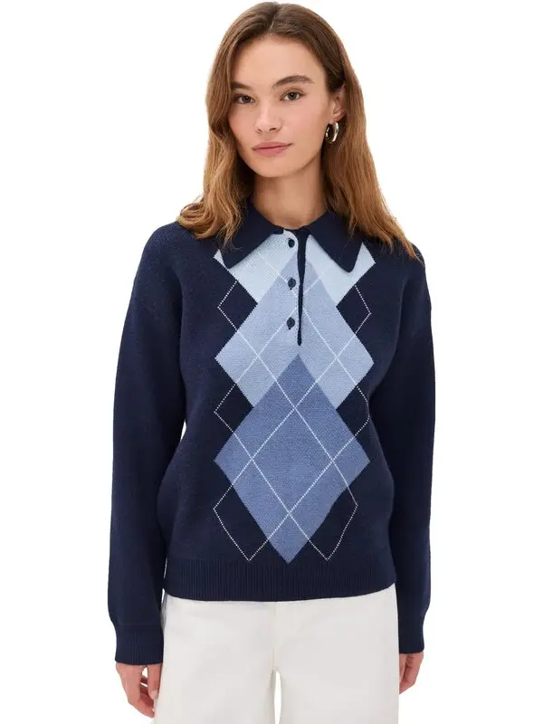 English Factory Argyle Knit Polo Sweater - Navy Multi