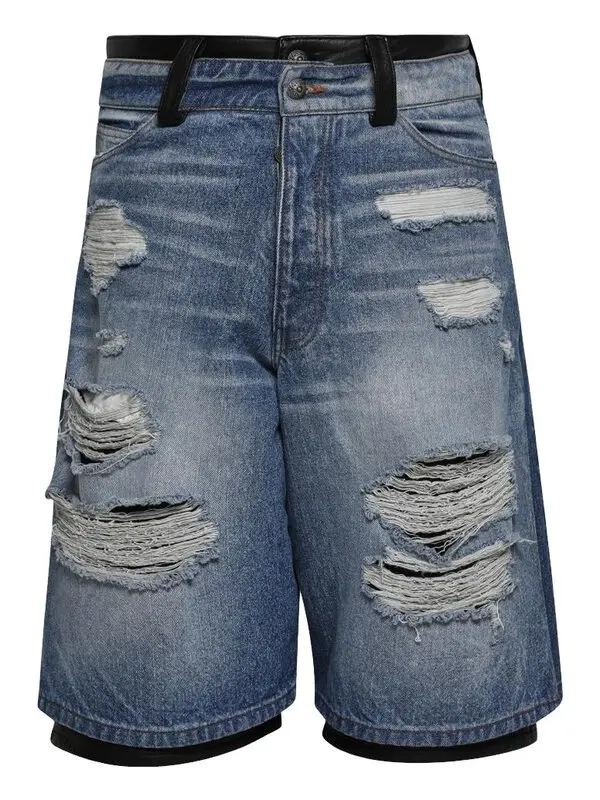 EARTHLING VIP Stacked Denim And Leather Shorts - Blue