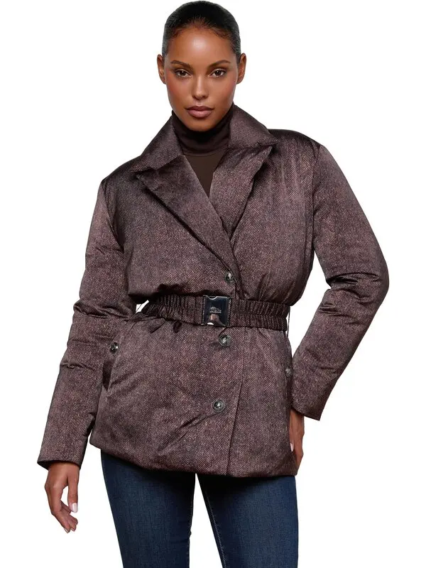 L'Agence Willene Belted Puffer Jacket - Brown Herringbone Print