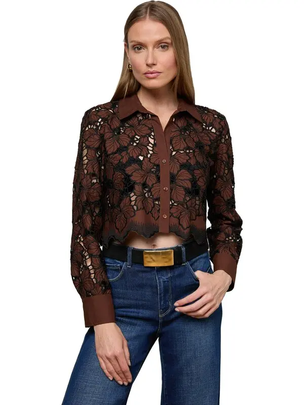 L'Agence Seychelle Cropped Eyelet Blouse Top - Hot Fudge/black