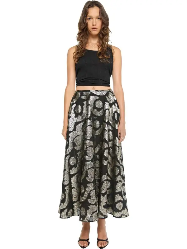 Alix Of Bohemia Roxanne Metallic Graphic Print Midi Skirt - Black