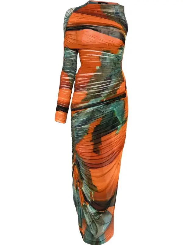 MUGLER Archive-print Asymmetrical Mesh Dress - Orange
