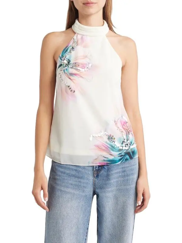 LIPSY Floral Embellished Mock Neck Top - White