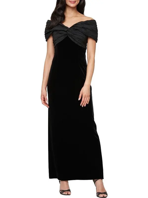Alex Evenings Taffeta & Velvet Off The Shoulder Gown - Black