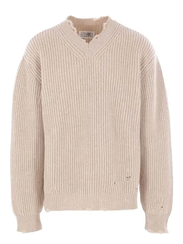 MAISON MARGIELA Ribbed Wool-blend Knit Sweater With Distressed Details - Beige