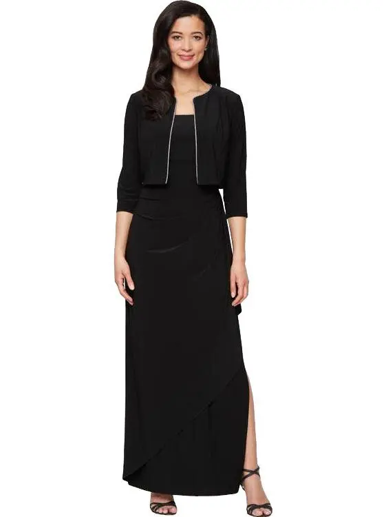 Alex Evenings Foil Piping Sleeveless Maxi Cocktail Dress With Jacket - Black