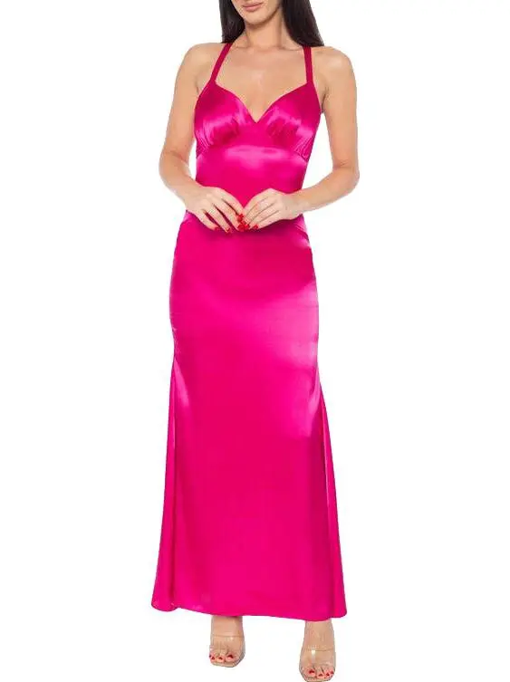 JUMP APPAREL Strappy Back Satin Charmeuse Gown - Fuchsia