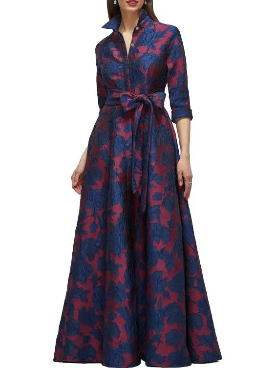 After Six Floral Jacquard Shirtdress Gown - Burgundy Navy Floral
