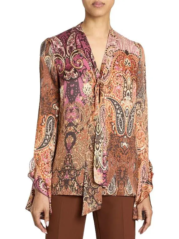 Santorelli Sienna Long Sleeve Printed Charmeuse Blouse - Chestnut Multi