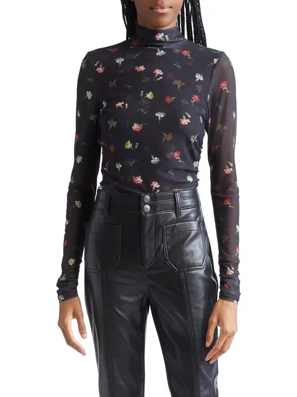Cinq À Sept Floral Mesh Mock Neck Shirt - Black Multi