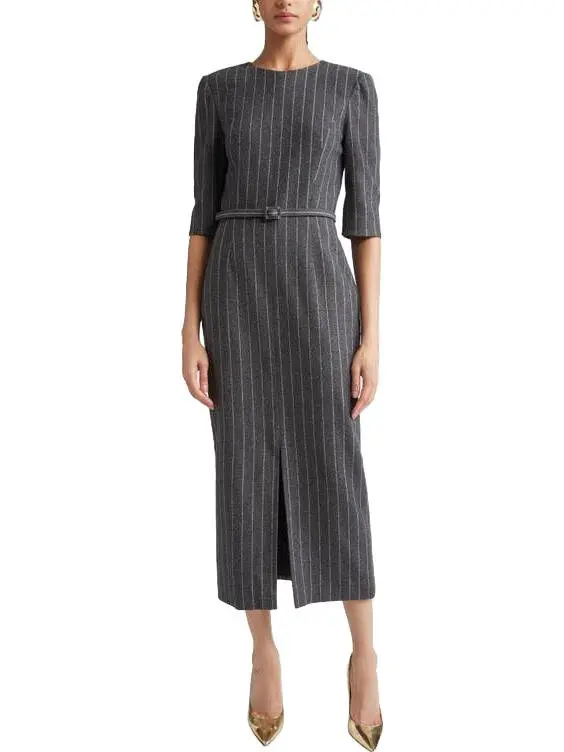 Carolina Herrera Pinstripe Wool Belted Sheath Dress - Charcoal Grey