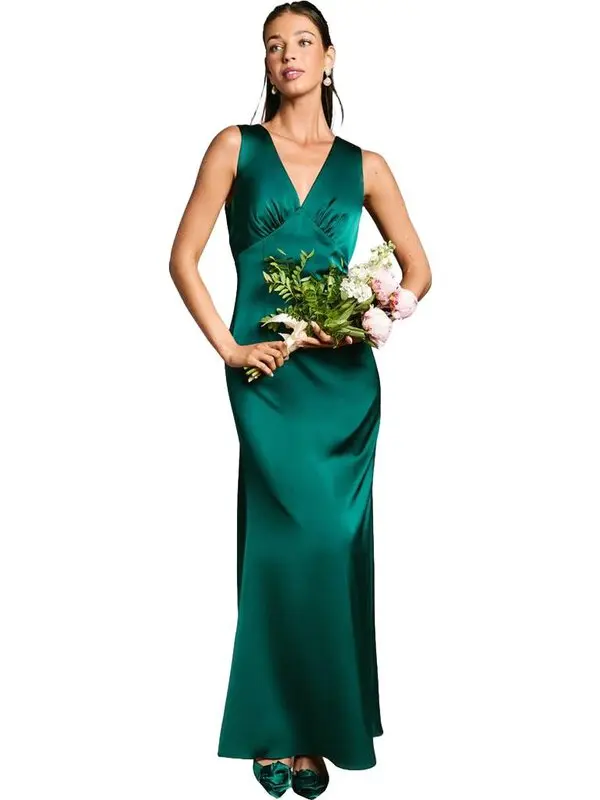 Coast Bow Back V-neck Satin Dress - Emerald