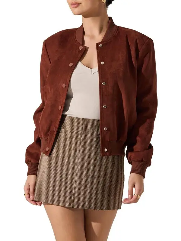 Astr The Label Olenna Faux Suede Bomber Jacket - Rust Brown