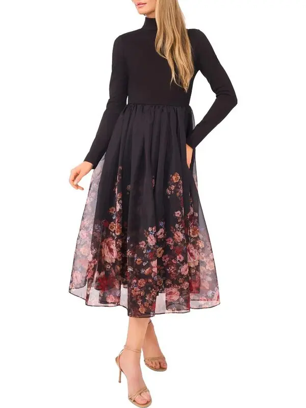 Ted Baker London Floral Mixed Media Fit & Flare Dress - Rich Black