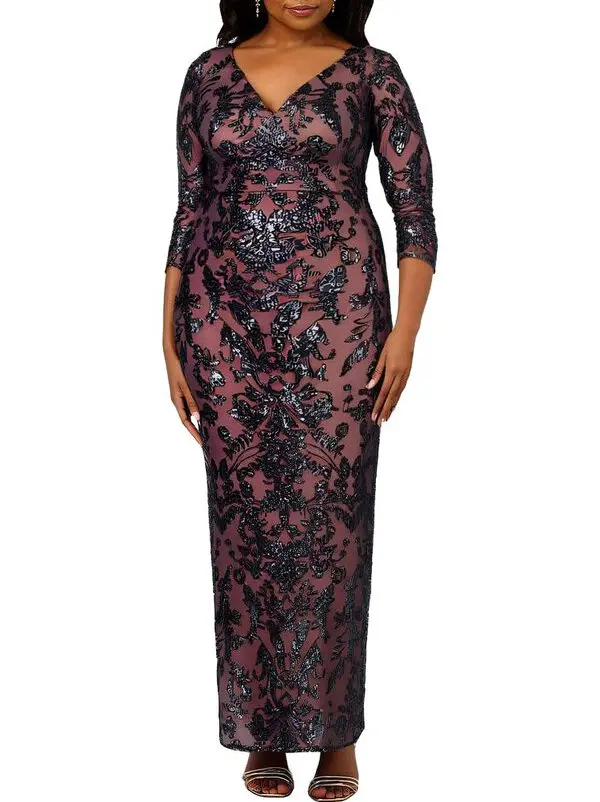 Adrianna Papell Beaded Back Slit Gown - Navy/rosegold