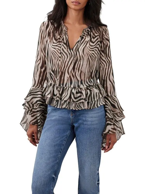 Mint Velvet Zebra Print Ruffle Top - Black