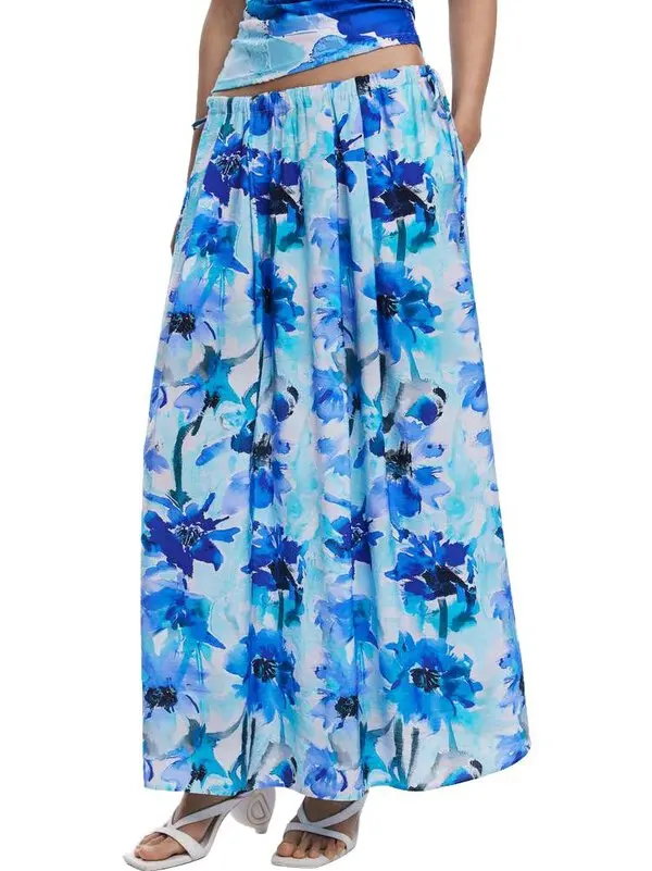 Desigual Floral Drawstring Maxi Skirt - Blue