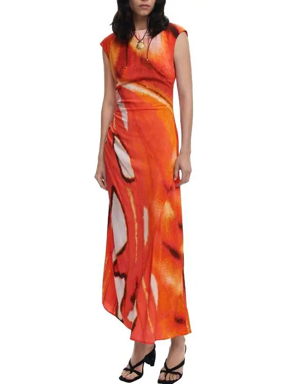 Desigual Cap Sleeve Ruched Maxi Dress - Orange