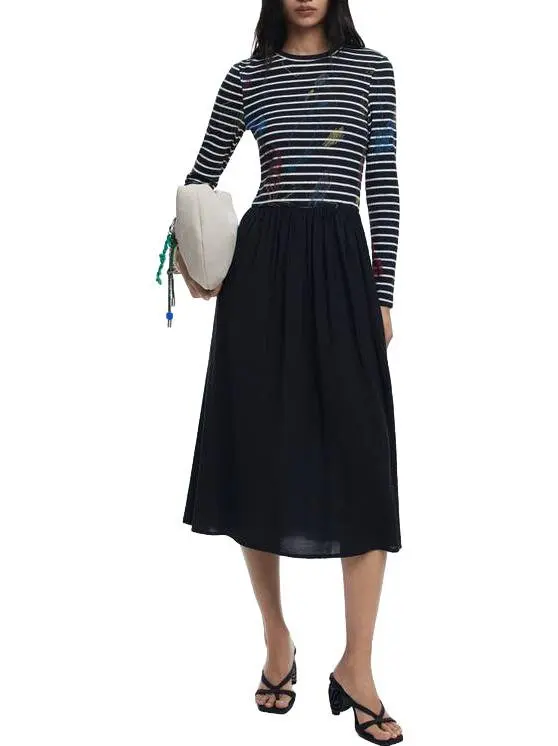 Desigual Long Sleeve Mixed Media Midi Dress - Black