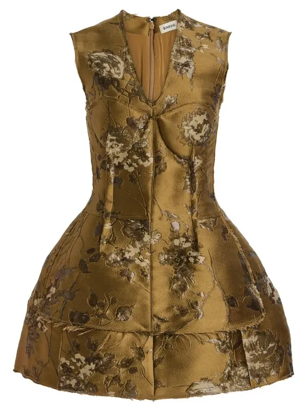 Simkhai Brynelle Raw-edge Floral Brocade Mini Dress - Bronze