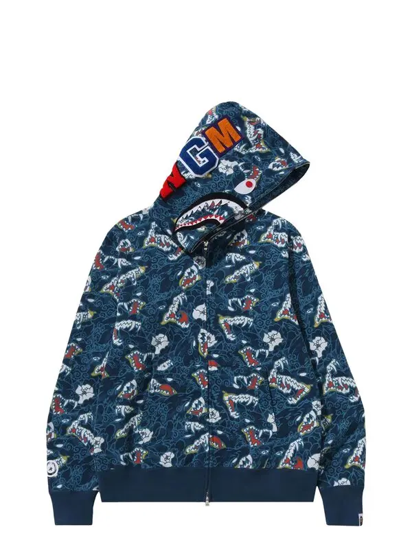 A BATHING APE Japanese Tattoo Camo Shark Full Zip Hoodie - Blue