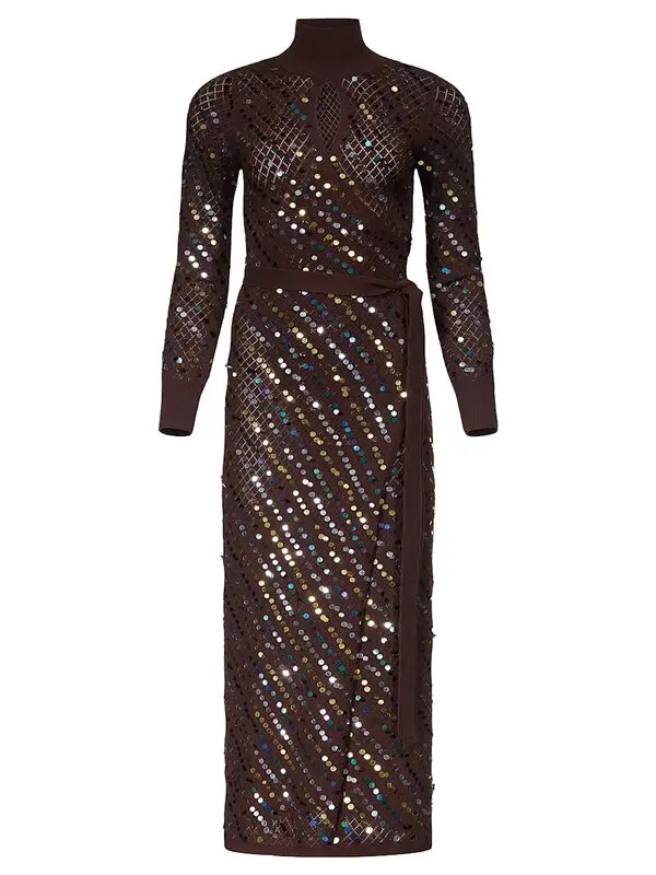 Diane Von Furstenberg X Henry Zankov Murray Sequin Pointelle Knit Maxi Wrap Dress - Chocolate