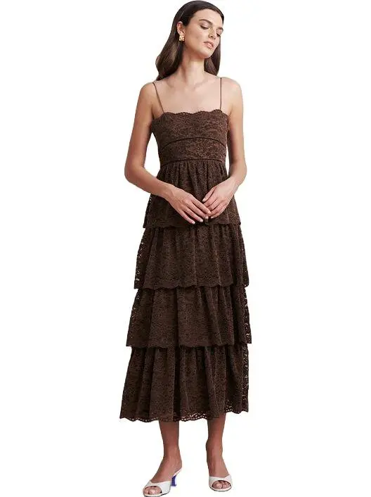 Saylor Leina Tiered Velvet Lace Midi Dress - Gold