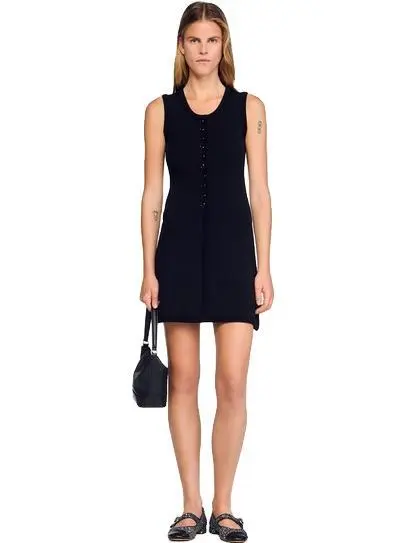 Sandro Mini Rib-knit Dress With Press-stud Fastening - Black