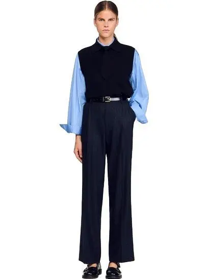 Sandro Sleeveless Fine Knit Sweater With Removable Tie Collar - Blue / Navy
