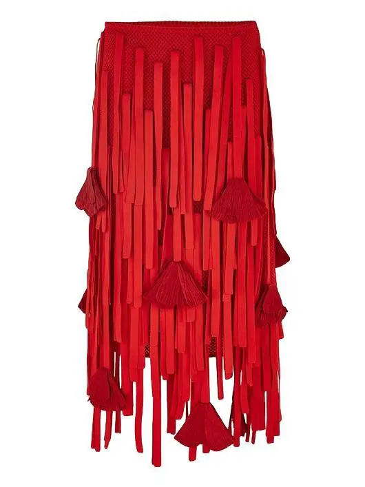 FERRAGAMO Floral-embellished Tasseled Mesh Midi Skirt - Red